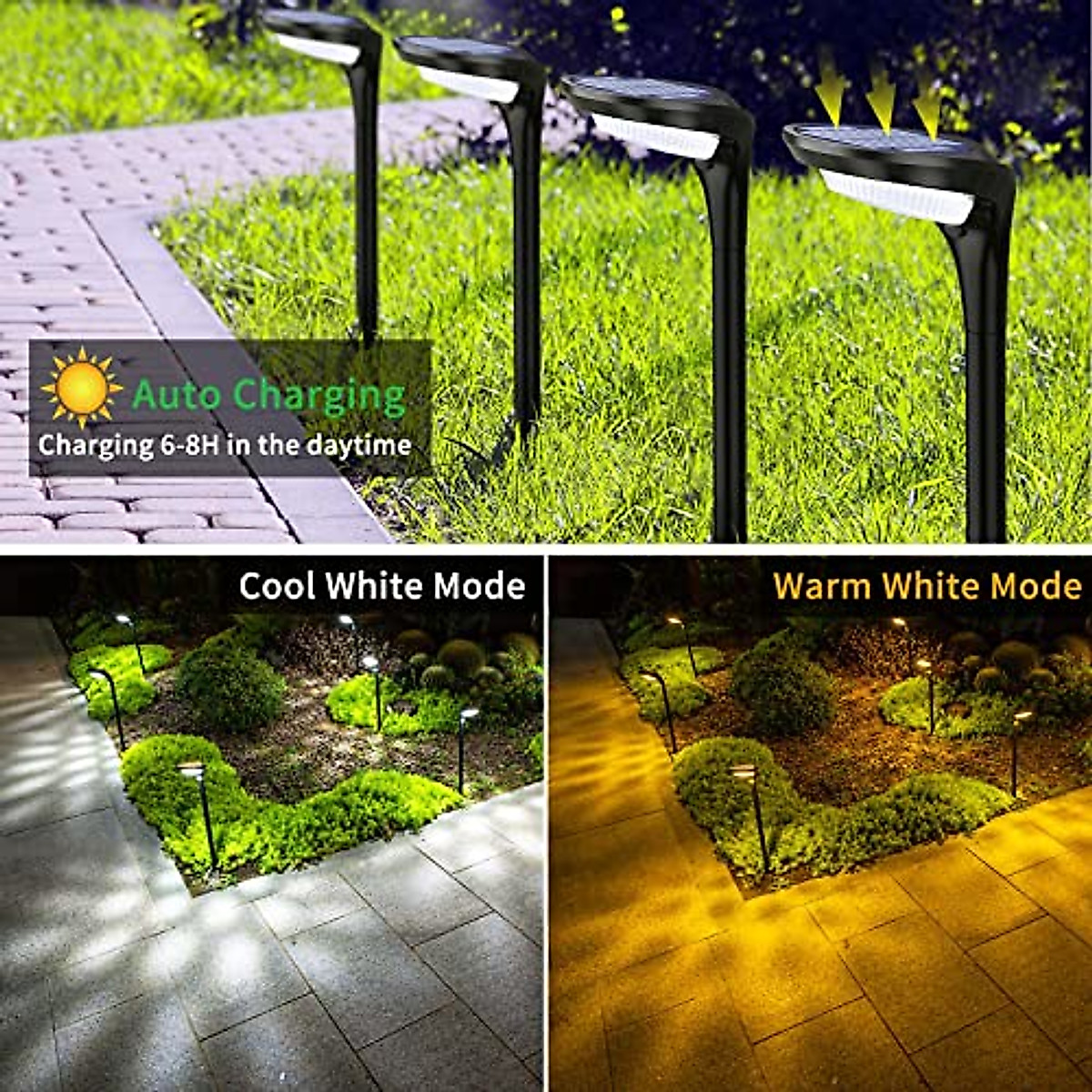 JSOT Solar Garden Lights, 150 Lumen Bright Solar Pathway Lights, Solar Lights Outdoor Waterproof Landscape Lighting for Outside Yard Backyard Path Driveway Walkway, Cool Light & Warm Light, 4 Pack