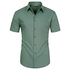 FAHIZO Men's Short Sleeve Dress Shirt Regular Fit Soild Casual Business Stretch Button Down Shirts with Pocket, Green-L