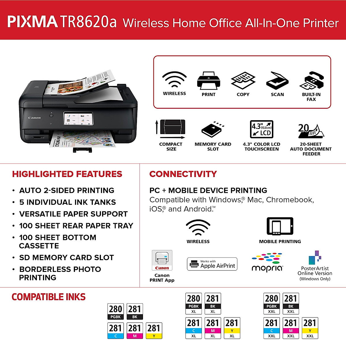 Canon TR8620a All-in-One Printer Home Office | Copier |Scanner| Fax |Auto Document Feeder | Photo and Document | Airprint (R) and Android, Black