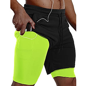 JWJ Mens 2 in 1 Running Shorts Quick Dry Gym Athletic Workout Clothes with Side Pockets,Green Large