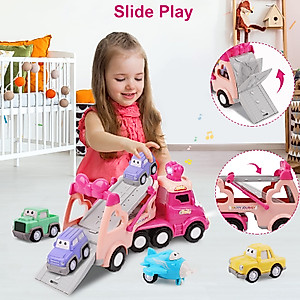 FindGood Toys for 1 2 3 Year Old Girl Pink Truck, 5-in-1 Carrier Truck Toys for Toddler Girl, Princess Toy Cars with Light & Sound, Birthday Gifts for 1 2 3 Year Old Girls