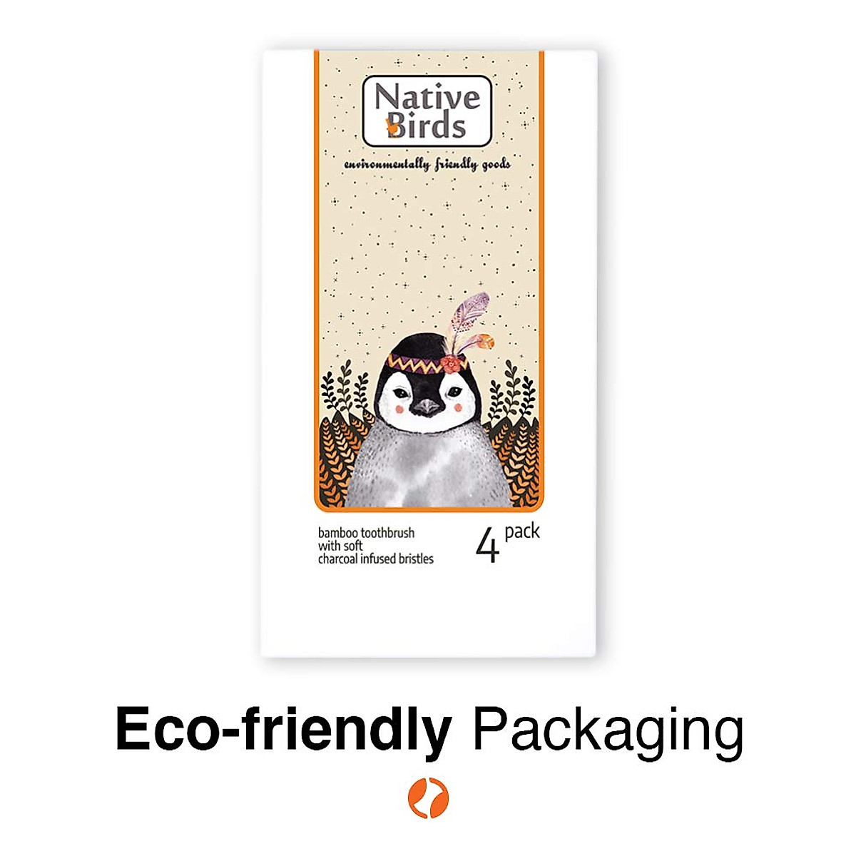 Native Birds Bamboo Toothbrush with Soft Charcoal Infused Bristles, Set of 4