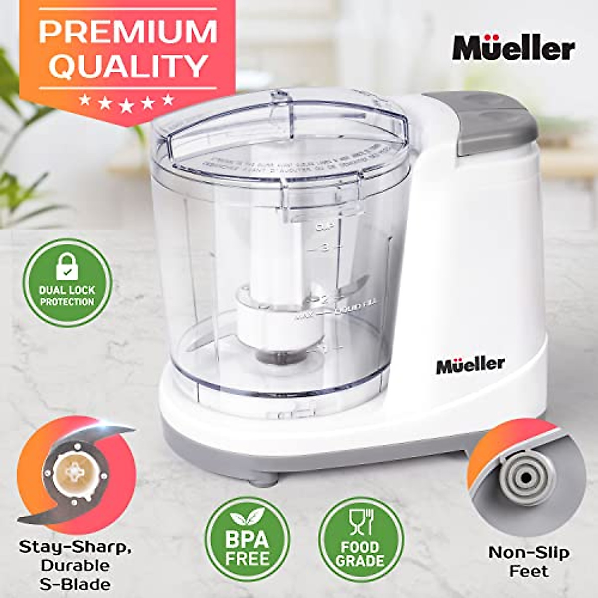 Mueller Electric Food Chopper, Mini Food Processor, 3-cup Mini Chopper, Meat Grinder, Mix, Chop, Mince and Blend Vegetables, Fruits, Nuts, Meats, Stainless Steel Blade, White