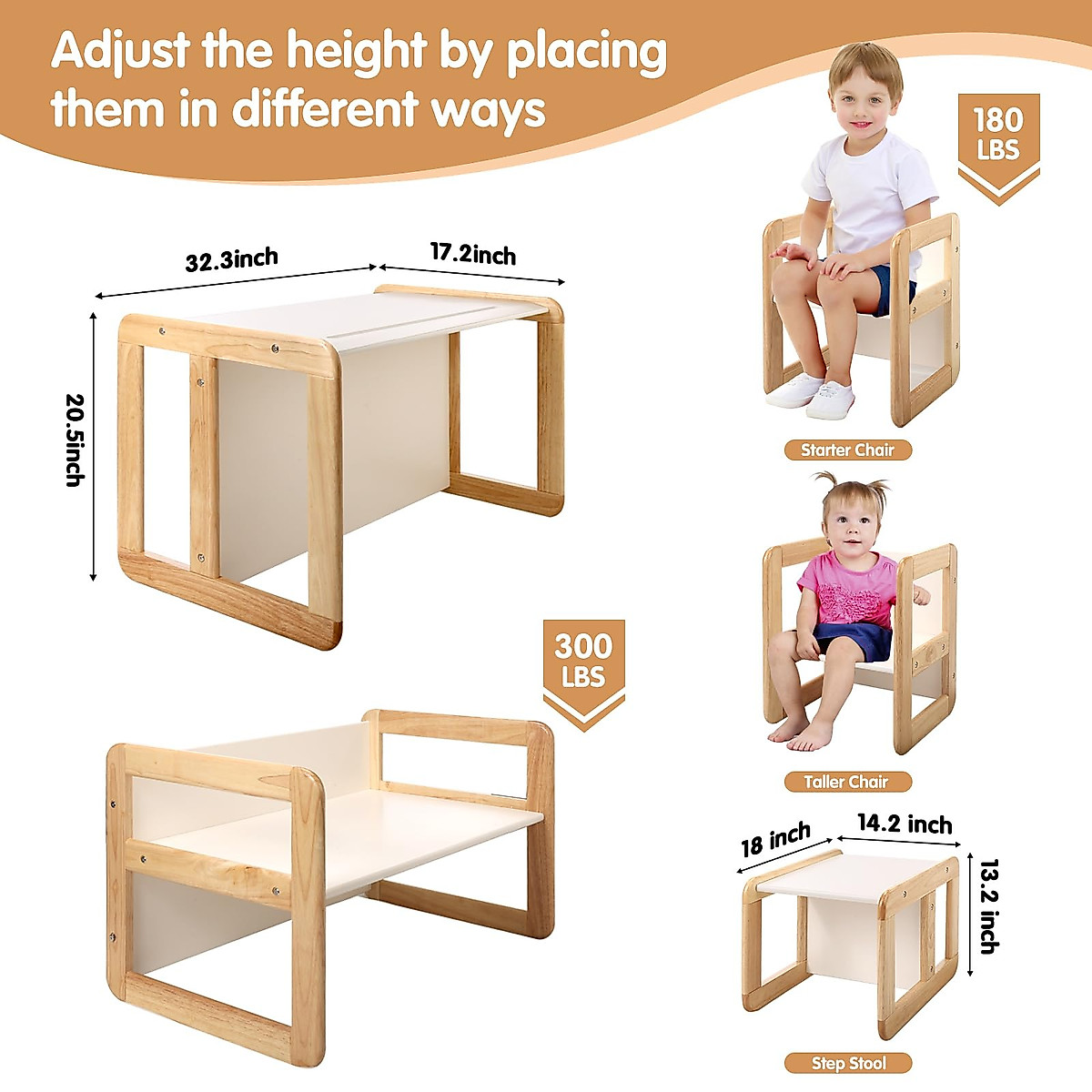 wingyz Kids Table and Chair Set, 3 in 1 Wooden Activity Table for Toddlers Play Study Dining Drawing Arts Crafts, Multi-Purpose Montessori Childrens Table and Chair Set Gifts for Boys and Girls