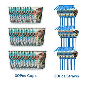30pcs Moana Cup (9oz) with 30pcs Moana Straws | Great for Moana Birthday Party | Moana Party Tableware.