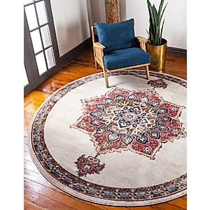 Unique Loom Utopia Collection Traditional Classic Vintage Inspired Area Rug with Warm Hues, 7' Round, Cream/Blue