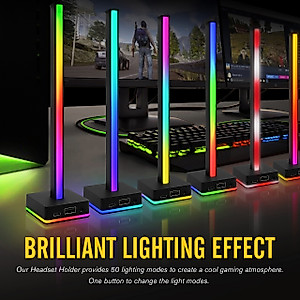EZDIY-FAB USB LED Light Bar Headphones Stand, Desktop Atmosphere RGB Backlight,50 Built-in Color Modes, Headphone Holder for Gamers Gaming PC PS5 Accessories Desk- Black- 1 Pack