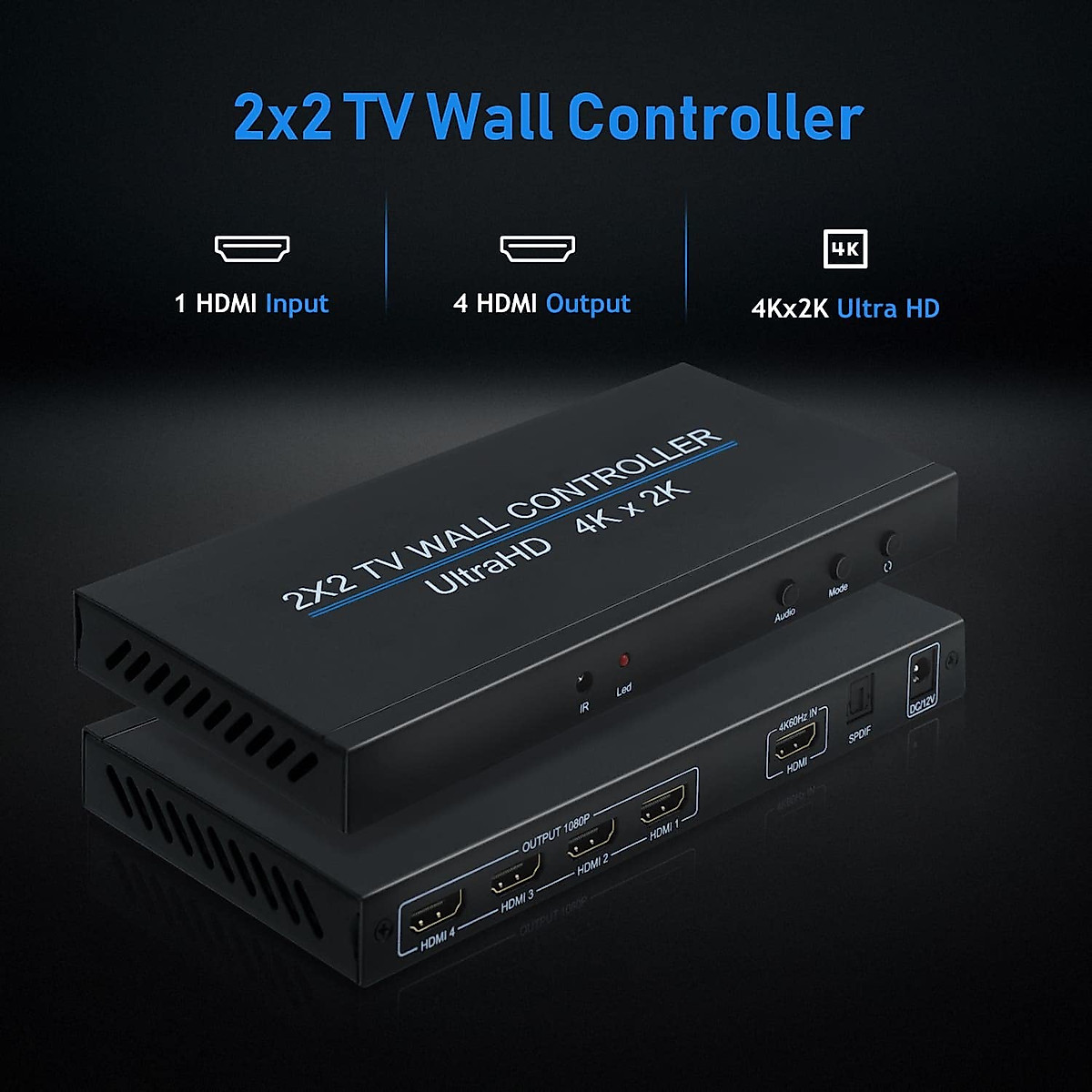 Mcbazel Video Wall Controller 2x2, TV Wall Processor Support 7 Display Modes - 2x2/ 1x2/ 1x3/ 1x4/ 2x1/ 3x1/ 4x1, HDMI Input 4K & Output 1080P