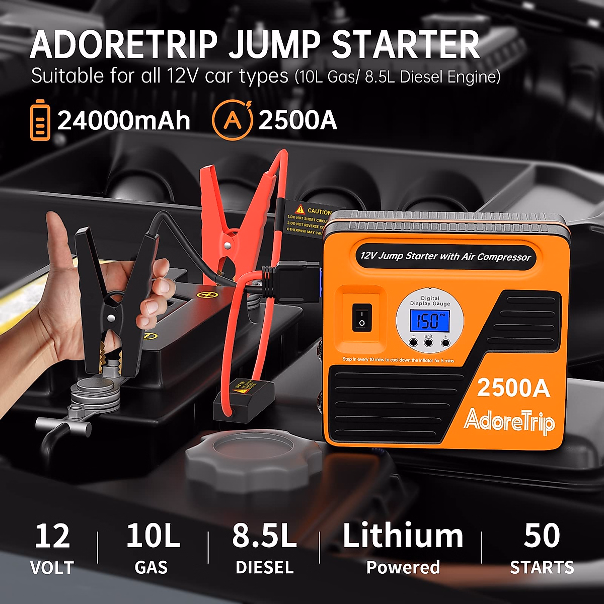 ADORETRIP Jump Starter with Air Compressor, 2500A 150PSI Car Battery Jump Starter (10.0L Gas/ 8.5LDiesel), 24000mAh 12V Jump Box Car Battery Jumper Starter Booster with Digital Display, 2 Lights