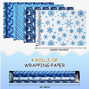 Flyhill Jumbo Christmas Wrapping Paper Bundle with Gridlines-30 In X120 In-4 Roll-Snowmen & Santa Claus & Snowflakes & Reindeer & White Stripes & Tree for New Year,Birthday,Holiday