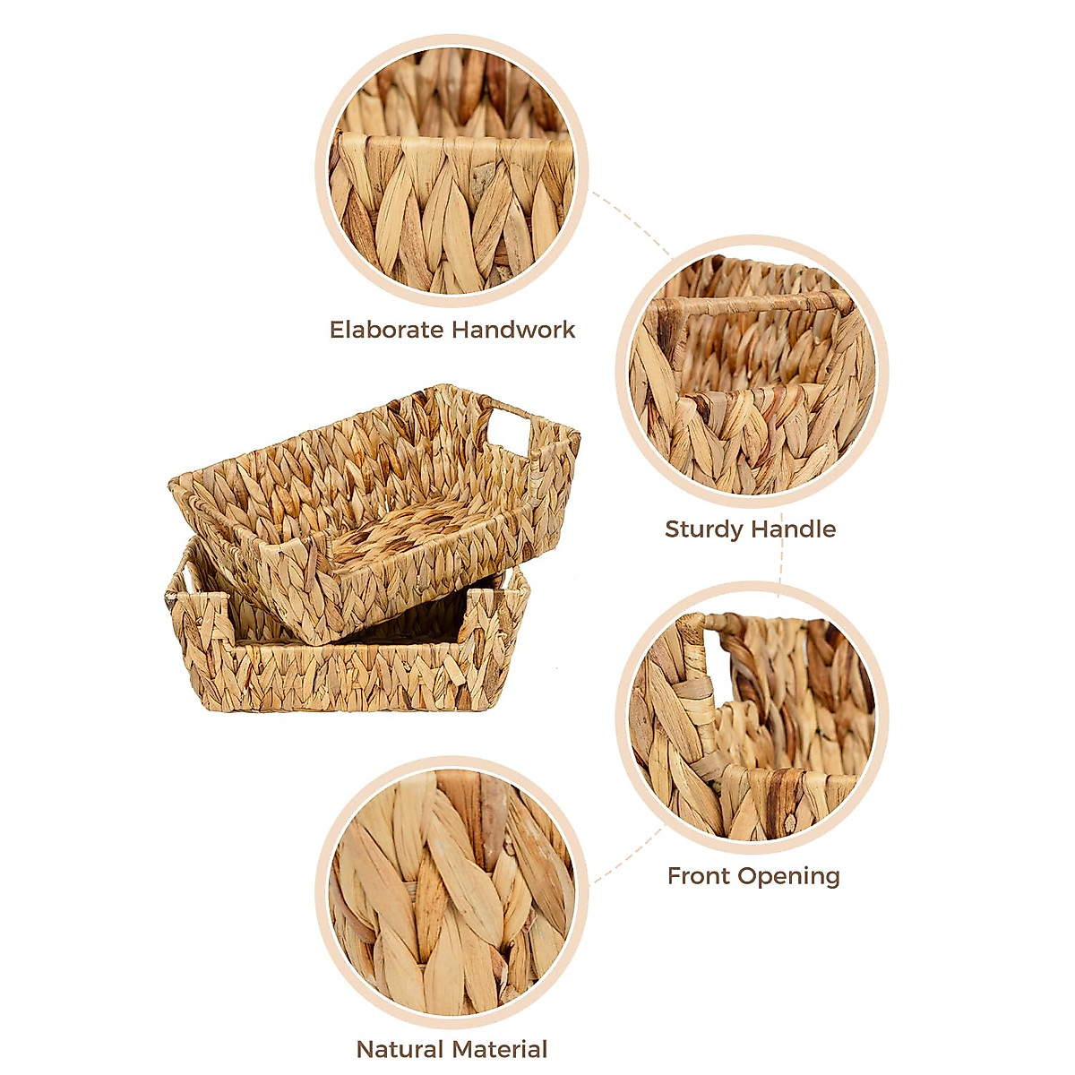 StorageWorks Water Hyacinth Open-Front Storage Basket, Wicker Storage Baskets for Shelves, Hand-Woven Bin with Handles, Kitchen Pantry Wicker Basket, 2 Pack