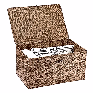 Hipiwe Wicker Shelf Baskets Bin with Lid, Handwoven Seagrass Basket Storage Bins Rectangular Household Basket Boxes for Shelf Wardrobe Home Organizer, Coffee Large