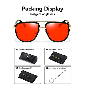 Dollger Oversized Square Aviator Sunglasses for Men Classic Retro Large Frame Red Lens Sunglasses