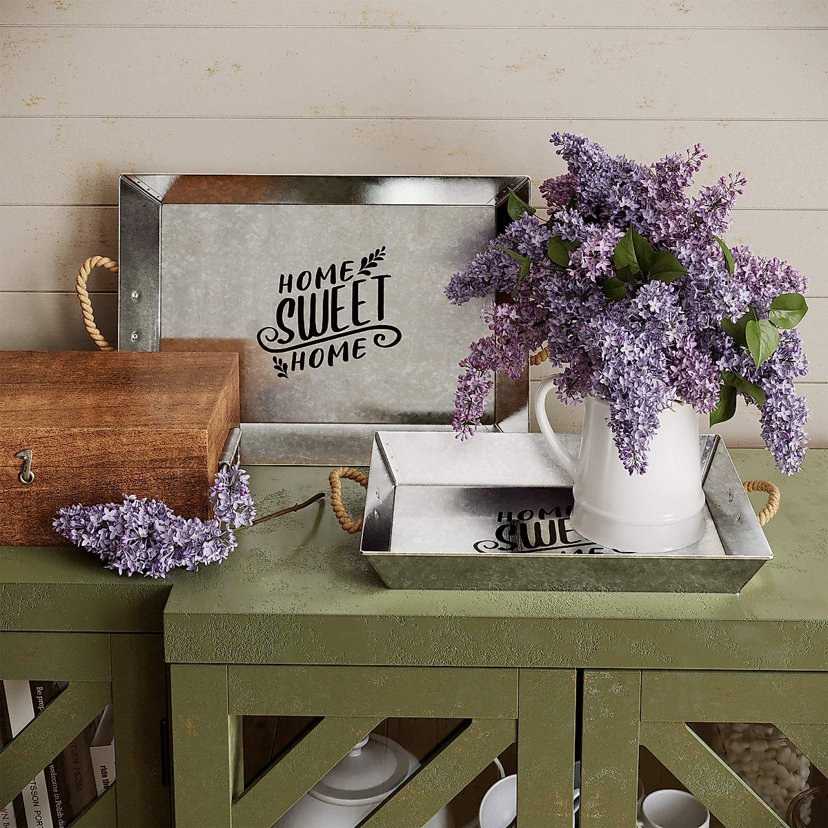 Barnyard Designs Decorative Farmhouse Rectangular Metal Trays, Serving Trays for Coffee Table, Rustic Ottoman Decor, Set of 2, Silver, (Small: 14x10.5; Large: 17x12)