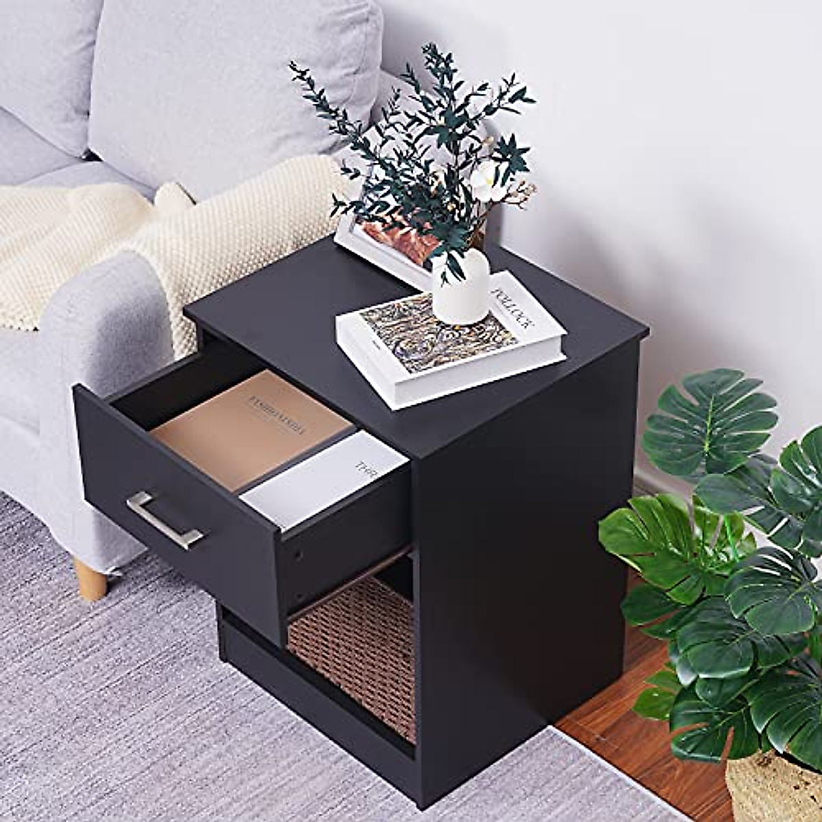 Reettic Wooden Nightstand Set of 2, End Table with Sliding Drawer and Opening Shelf, Sofa Bedside Table for Bedroom, Black RCTG101B02