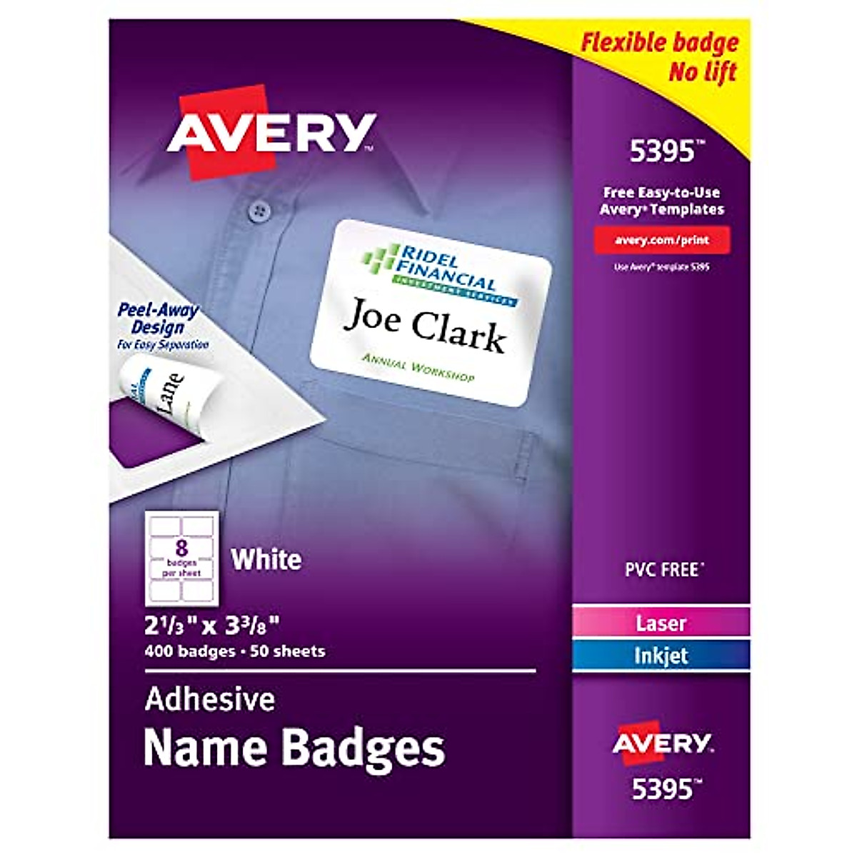 Avery Flexible Name Tag Stickers, White Rectangle Labels, 400 Removable Name Badges, 2-1/3" x 3-3/8" (5395) & Printable Tent Cards with Sure Feed Technology, 2.5" x 8.5"