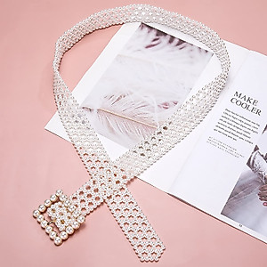 Barry.Wang Wide Belt for Women Fashion Wedding Sash Dress Pearls Belt Square Buckle Elastic Waist Chain