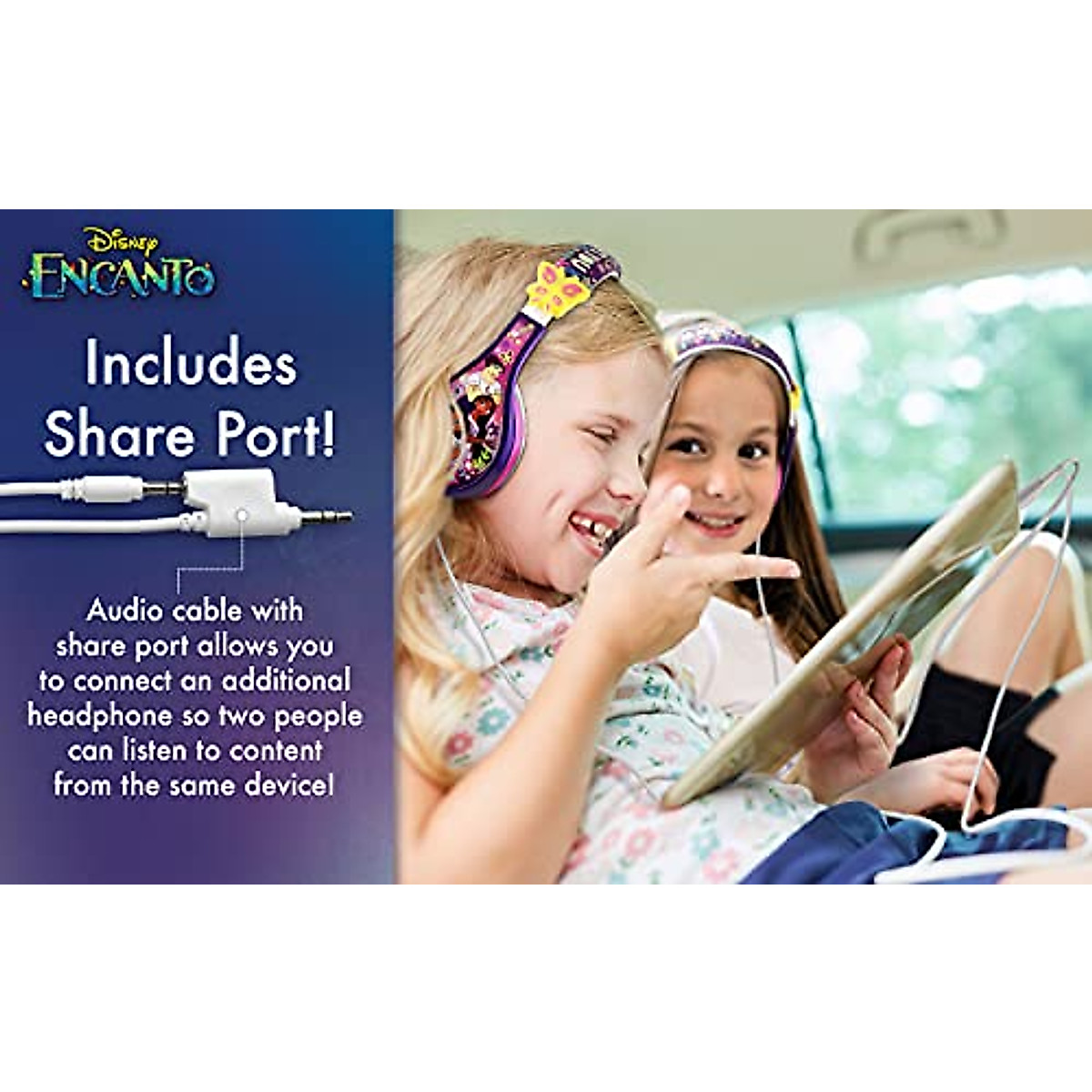 eKids Disney Encanto Headphones for Kids, Wired Headphones for School, Home or Travel, Tangle Free Toddler Headphones with Volume Control, 3.5mm Jack, Includes Headphone Splitter