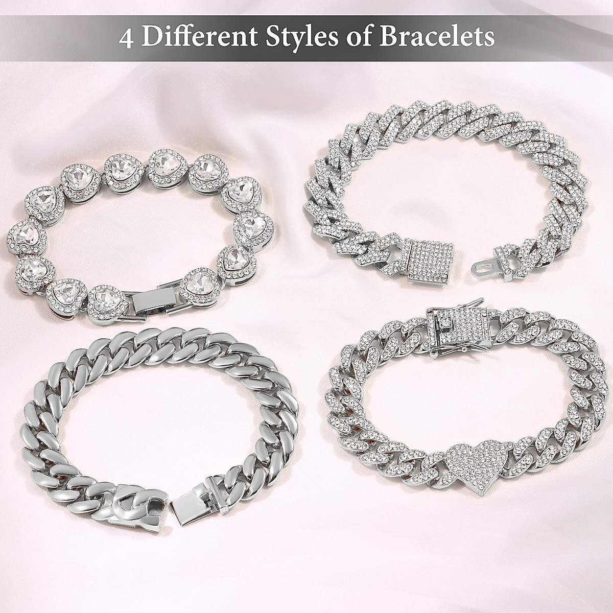 shopbyskyler 4PCS Gold Bracelets for Women Silver Clustered Tennis Bracelet for Women Heart Round Diamond Cuban Bracelet Layered Link Bracelet Set Fashion Jewelry for Women Gift Set (Silver-2, 8inch)