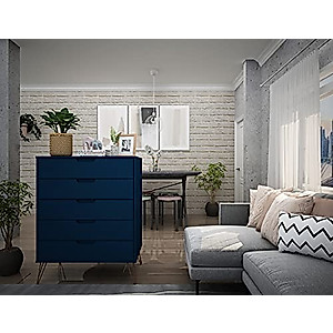 Manhattan Comfort Rockefeller Mid Century Modern 5-Drawer Tall Dresser, Tatiana Midnight Blue