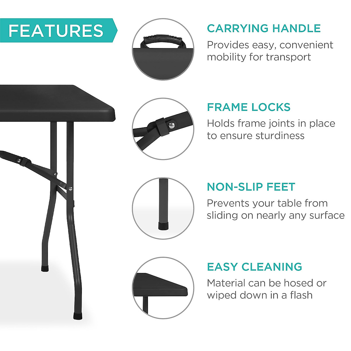 Best Choice Products 6ft Plastic Folding Table, Indoor Outdoor Heavy Duty Portable w/Handle, Lock for Picnic, Party, Camping - Black