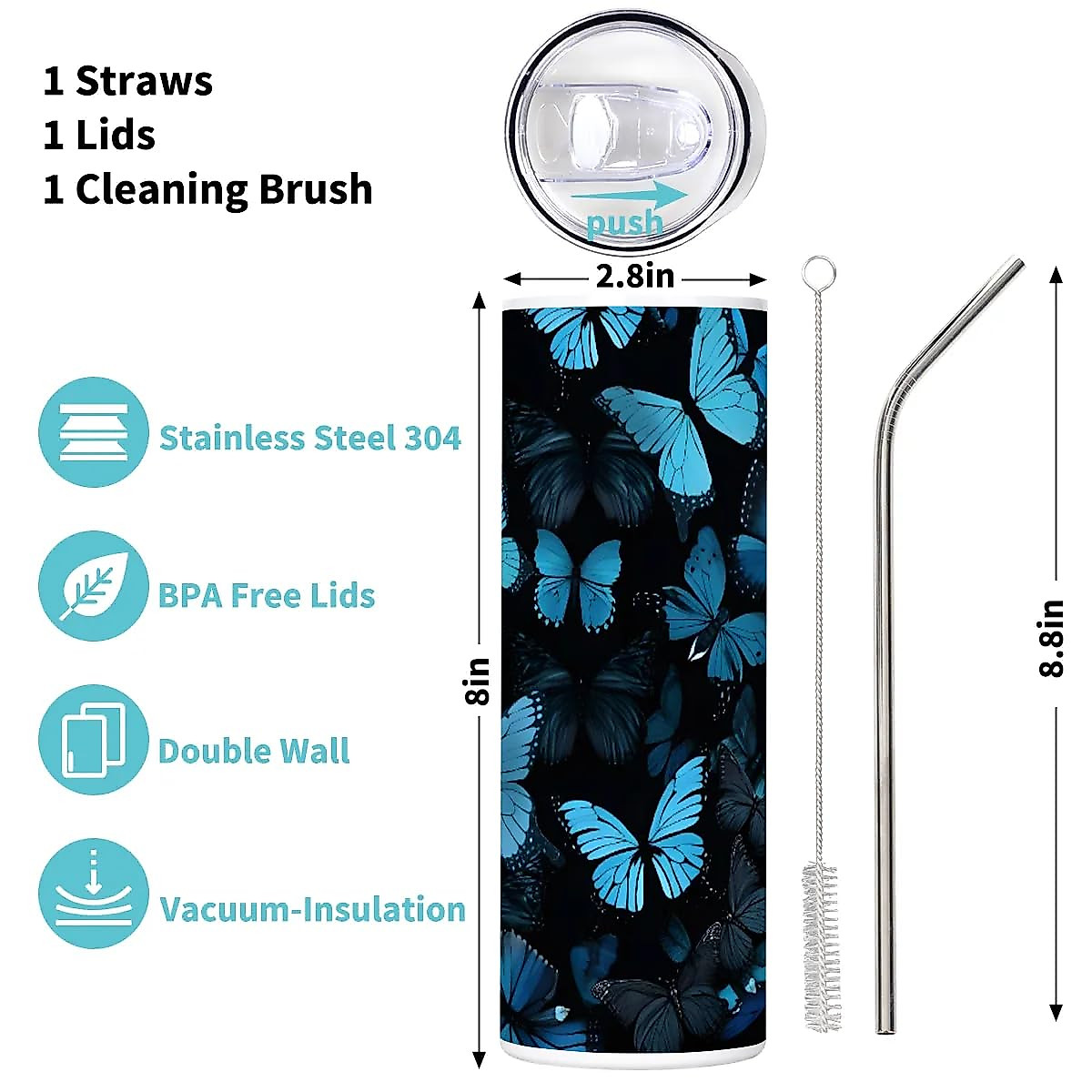 Honeybaby Blue Butterfly Coffee Tumbler 20 oz with Straw & Lid Leak Proof Tumbler Reusable Stainless Steel Tumblers Insulated Water Bottles Gifts for Women Men