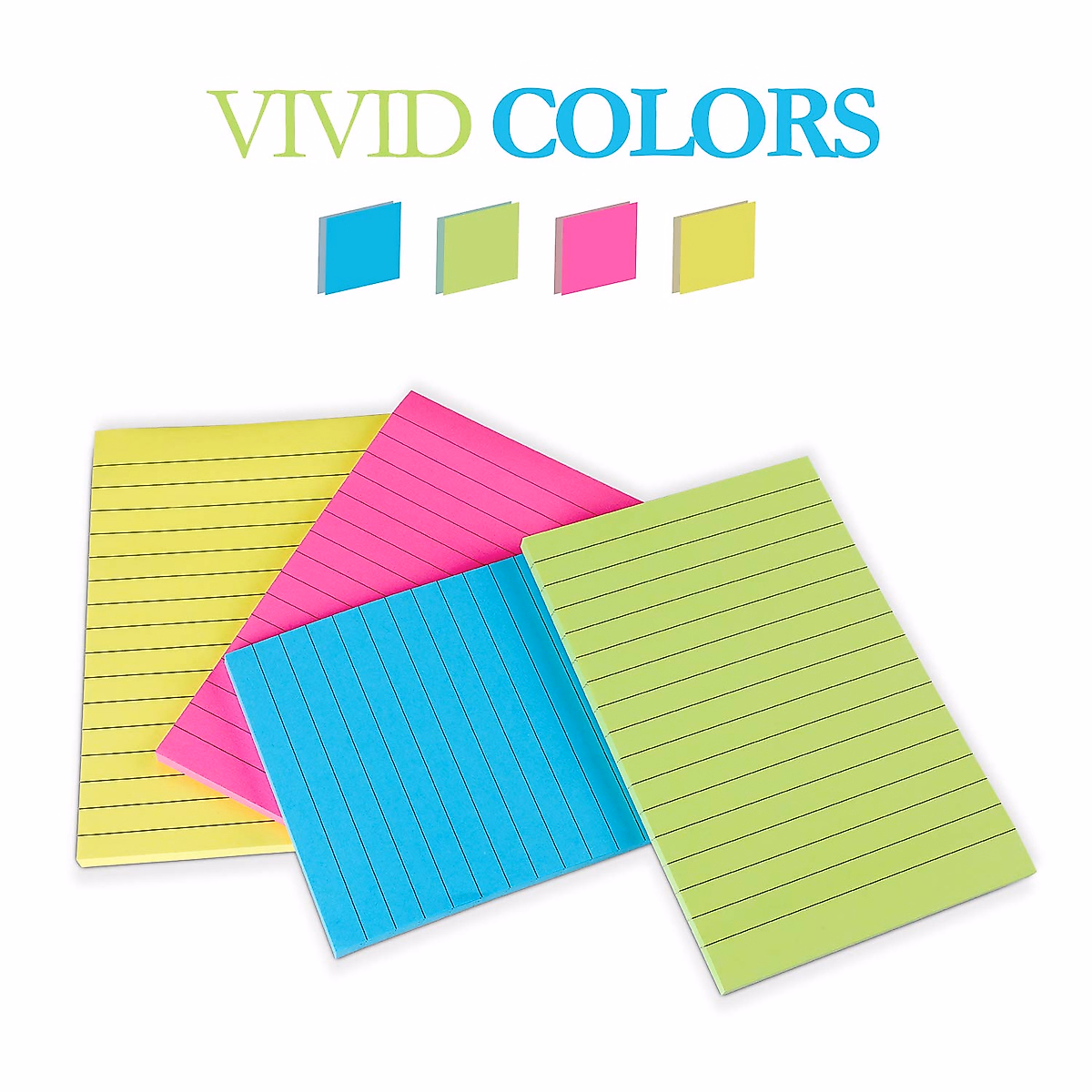 Sticky Notes, 4 Colors 200 Sheets Lined Post Memos, 4" x 6" Removable Self Stick Notes Pad with Lines for Office, Home, & School, Pink, Yellow, Baby Blue & Grass Green (Pack of 4)