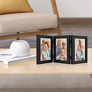 Frametory 5x7 Triple Picture Frames, Trifold Photos Frame Collage, Hinged Picture Frames with Glass Front Tabletop Display (Black, 1 Pack)