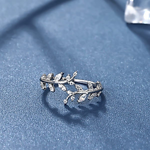 FOREVER QUEEN Olive Leaf Ring 925 Sterling Silver Adjustable Open Band Ring Fashion Rings for Women Wedding Engagement Anniversary Valentine's Day