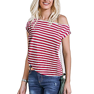 LilyCoco Women's Off The Shoulder Tops Short Sleeve One Shoulder Striped Shirt Red White Striped Small