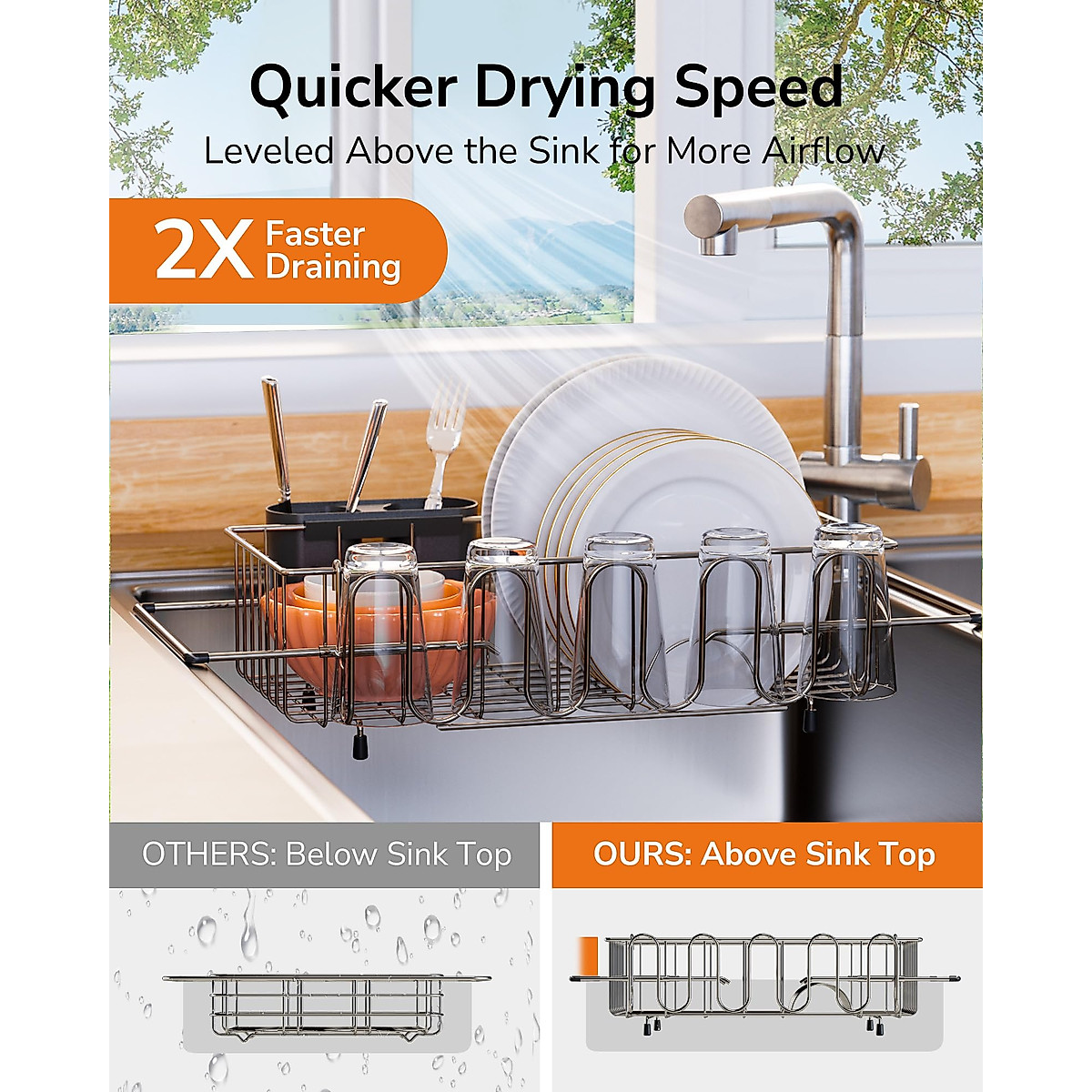 ULG Dish Drying Rack Kitchen Sink Dish Drainer Stainless Steel in/Over The Sink Drying Rack for Dishes Plates Glasses Silverware with Cup and Cutlery Holders Quick Drying Arms Extendable, Medium Size