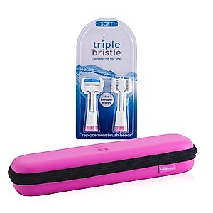 Triple Bristle Toothbrush Travel Case & Replacement Brush Heads (Pink) Bundle