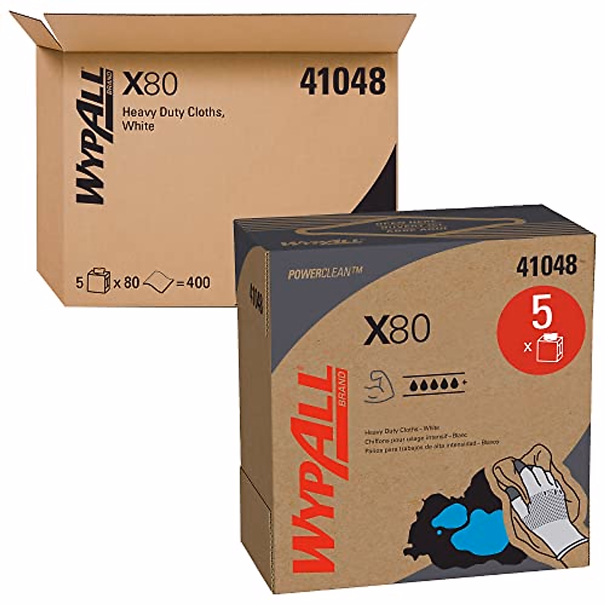 WypAll Power Clean X80 Heavy Duty Cloths (41048), Pop-Up Box, White, 80 Sheets / Box, 5 Boxes / Case, 400 Sheets / Case