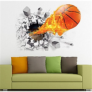 OFISSON Large Basket Ball 3D Cracked Wall Sticker Bedroom Playroom Removable Large Decal for Kids (Girls and Boys) Playroom (27,6"x19,7") (Ball on fire)