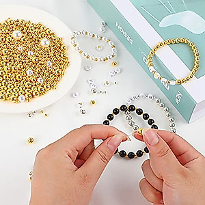 1800Pcs Jewelry Beads Making Set, Silver & Gold Round Spacer Beads 3 Sizes Smooth Loose Ball Beads Alphabet Pearls Beads and 2 Rolls Elastic String for DIY Craft Making Supplies