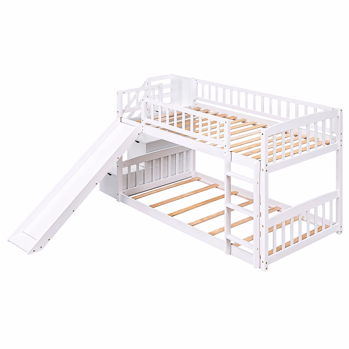 Harper & Bright Designs Twin Over Twin Bunk Bed with Slide and Guardrail, Floor Bunk Bed with Stairway/Two Drawers/Handrail, Space-Saving Bedroom Dormitory Furniture (White)