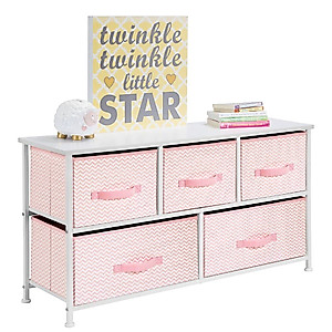 mDesign 21.65" High Steel Frame/Wood Top Storage Dresser Furniture Unit with 5 Removable Fabric Drawers - Wide Bureau Organizer for Bedroom, Living Room, Closet - Spira Collection, Pink/White