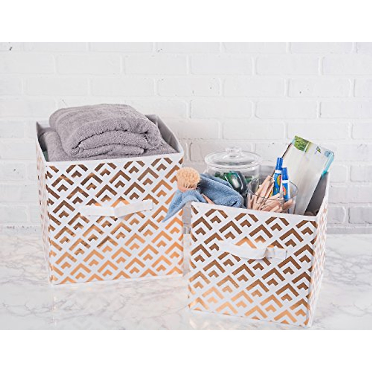DII Non Woven Polyester Metallic Diamond Storage Bin, Small Set of 2, White/Copper
