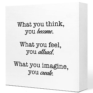 What You Think You Become What You Feel You Attract What You Imagine You Create Wooden Sign Desk Decor,Inspirational Positive Wood Block Sign Desk Decorations for Home Office Desk Shelf Table Decor