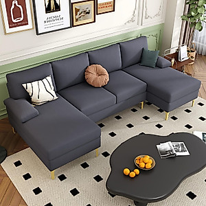 Lakifun Modular Sectional Sofa Couch for Living Room, U Shaped Convertible Lounge Sofa with Loveseat & Double Chaise, 4 Seater Comfy Fabric Couch Set for Home Office (Gray)