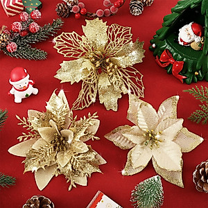 Whaline 24Pcs Christmas Poinsettia with 24Pcs Clips 4 Design Glitter Gold Artificial Flower Winter Party Supplies for Xmas Tree Ornament Wedding Birthday Wreath Decoration