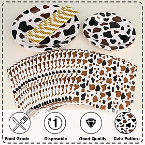 Brown Cow Prints Plates and Napkins Party Supplies, Highland Cow Birthday Decorations-Cow Print Tablecloth, Banner, Plates and Napkins, Balloons, Straws for Farm Party Baby Shower, Cowboy Cowgirl