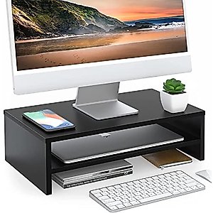 FITUEYES Monitor Stand - 2 Tier Computer Monitor Riser with 16.7 Inch Shelf, Wood Desktop Stand for Laptop Computer Screen, Desk Organization, Office Supplies,Black, DT204201WB