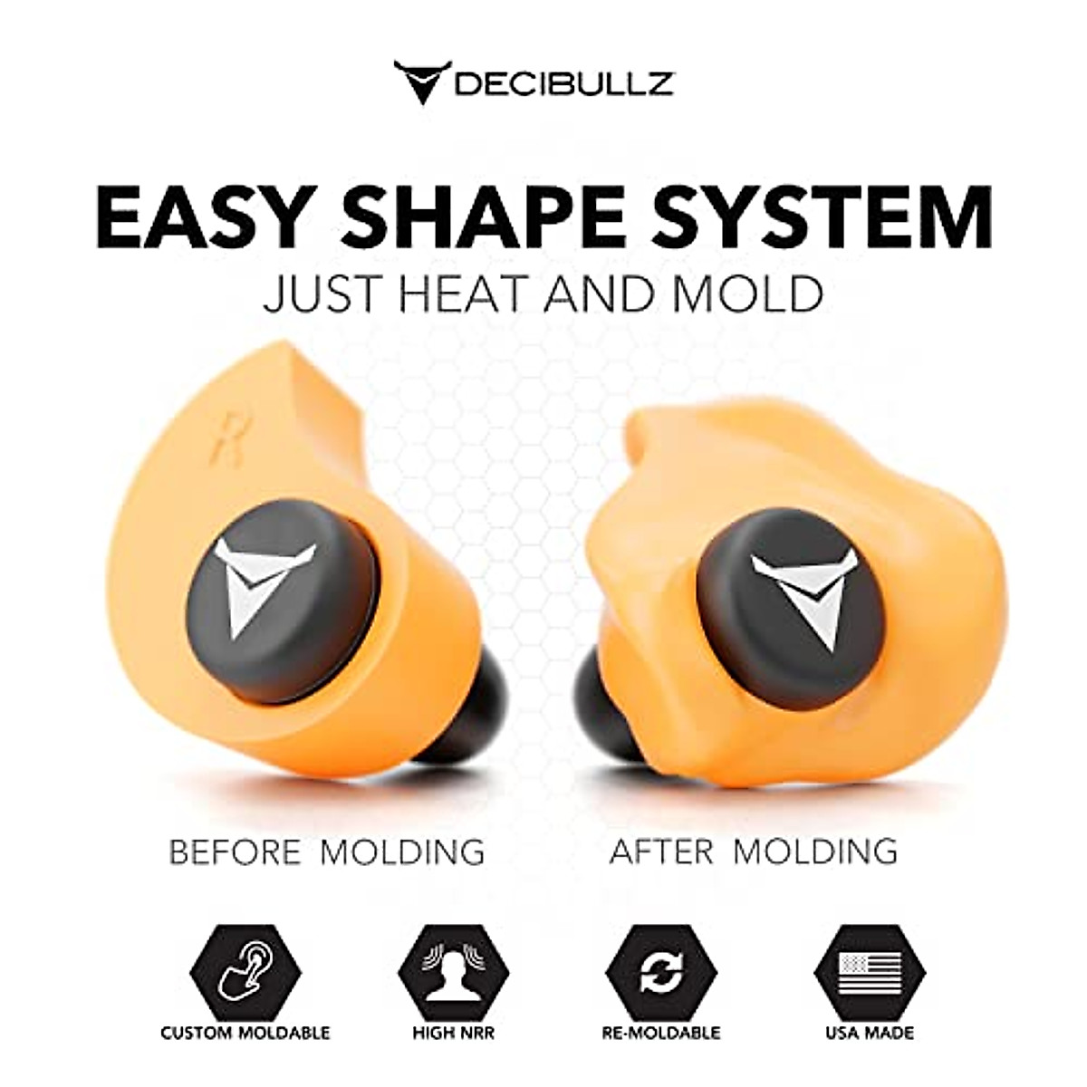 Decibullz - Custom Molded Earplugs, 31dB Highest NRR, Comfortable Hearing Protection for Shooting, Travel, Swimming, Work and Concerts (Orange)