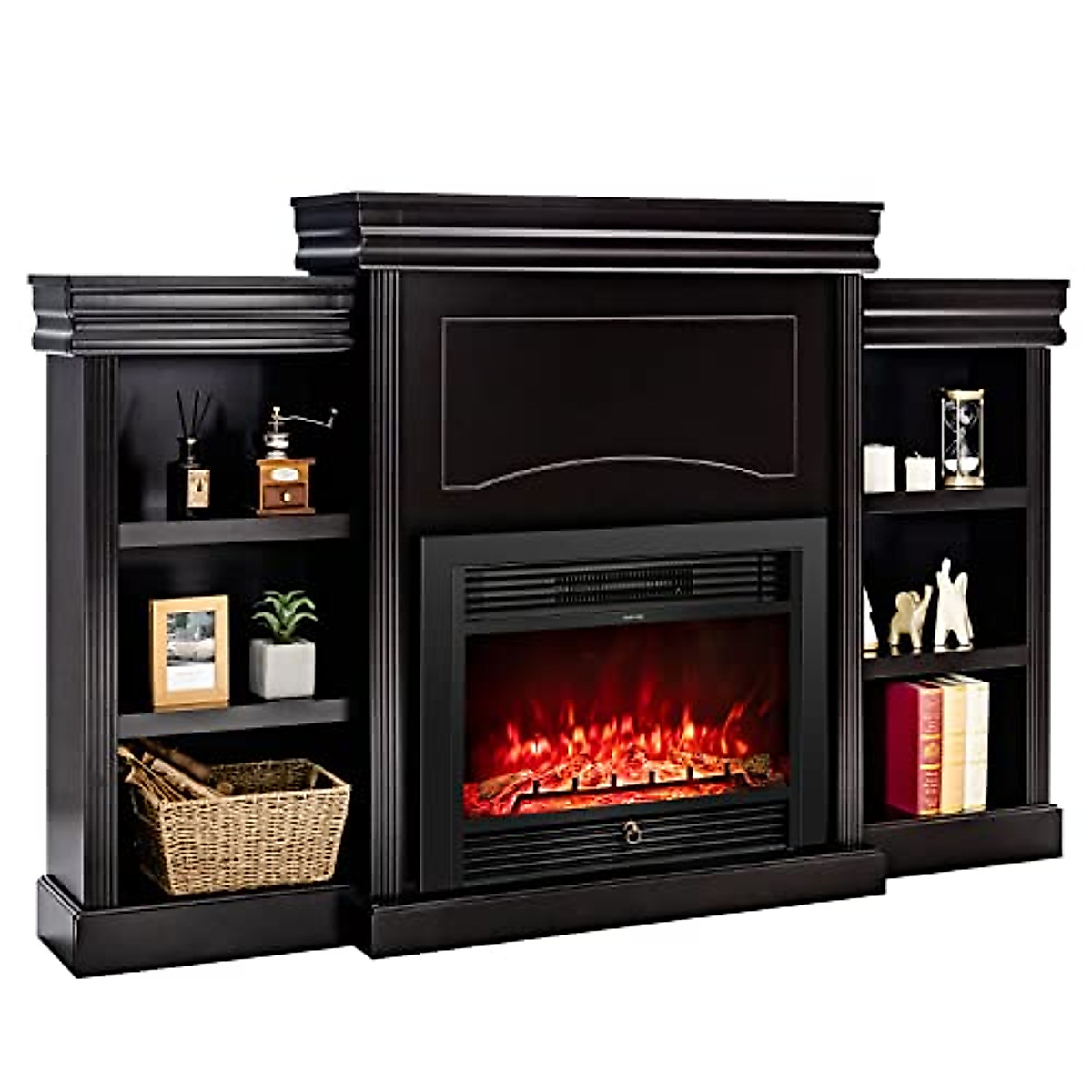 Tangkula 70" Mantel Fireplace, 750W/1500W Electric Fireplace w/Mantel & Built-in Bookshelves, 28.5-Inch Electric Fireplace w/Remote Control, 1-8H Timer, Adjustable Flame Brightness & Color (Black)
