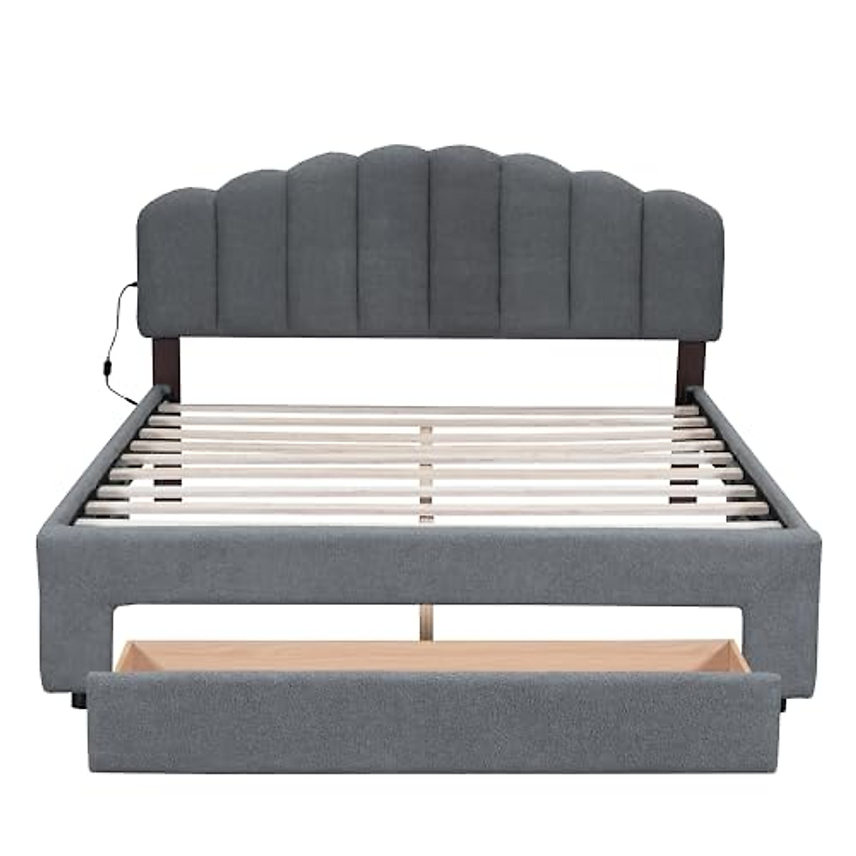 HAUSHECK Upholstered Bed Frame Queen Size with Teddy Fleece Headboard, Big Drawer, Smart LED Lights and 2 USB Ports, Modern Queen Platform Bed Frame w/Wooden Slats Support, No Box Spring Needed