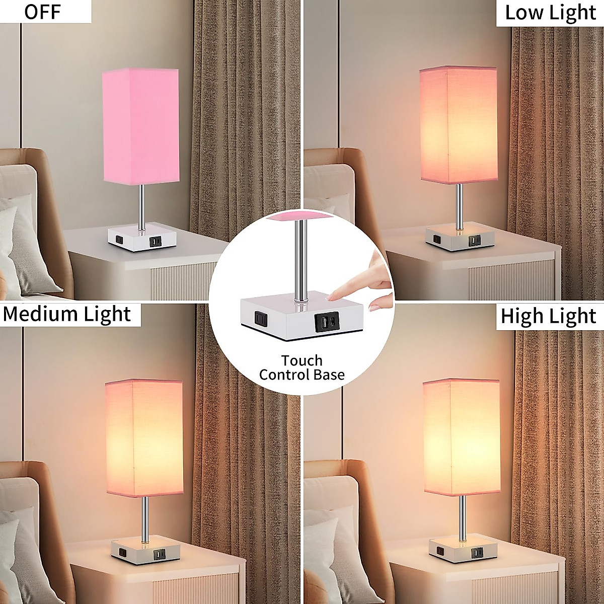 Woderdeng Touch Control Bedside Lamp - 3-Way Dimmable Table Lamps with USB C+A Port and Outlet, Nightstand Lamp for Bedroom Decor and Living Room,Pink