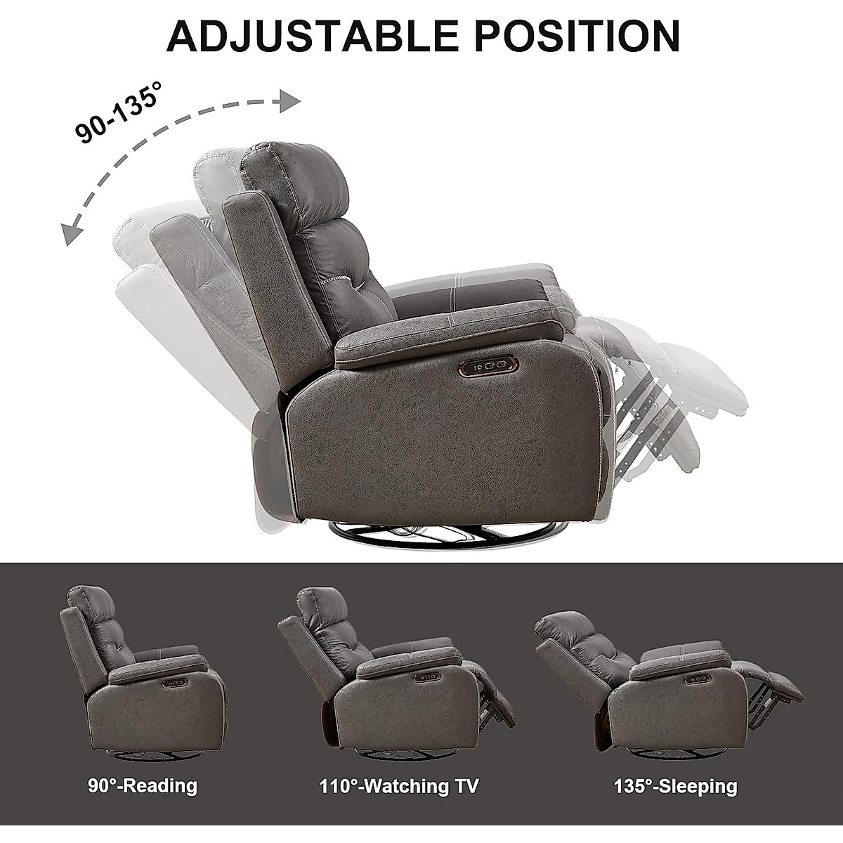LAVHOME Electric Recliner Sofa,Dual OKIN Motor Rocking and 240 Degree Swivel Living Room, Nursery Glider Chair,with USB Port & Power Adjustable Headrest,Home Theater Seating, XL, Gray