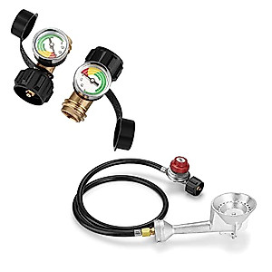 WADEO Bundle - 2 Items-High Pressure Cast-Iron Round Burner Head with High Pressure Propane Regulator Hose-Propane Tank Gauge Level Indicator for 5-40 lb Propane Tank