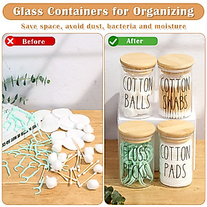 4 Pack Qtip Holder with Lid Set, 10oz Clear Glass Canister Apothecary Jars Bathroom Organizers and Storage Accessories Vanity Essential Containers for Cotton Swab, Cotton Ball, Cotton Pads, Floss Pick